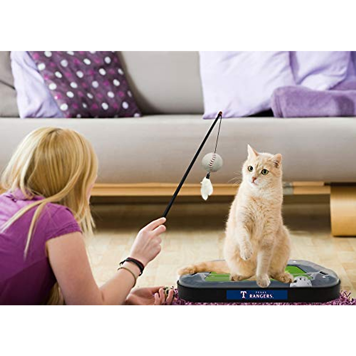 Pets First Cat Scratching Toy MLB Texas Rangers Baseball Field Cat Scratcher Toy with Interactive Cat Ball Bell in Tracks. 5-in-1 CAT Toy: Cat Wand Poll with Catnip Filled Plush Baseball & Feathers