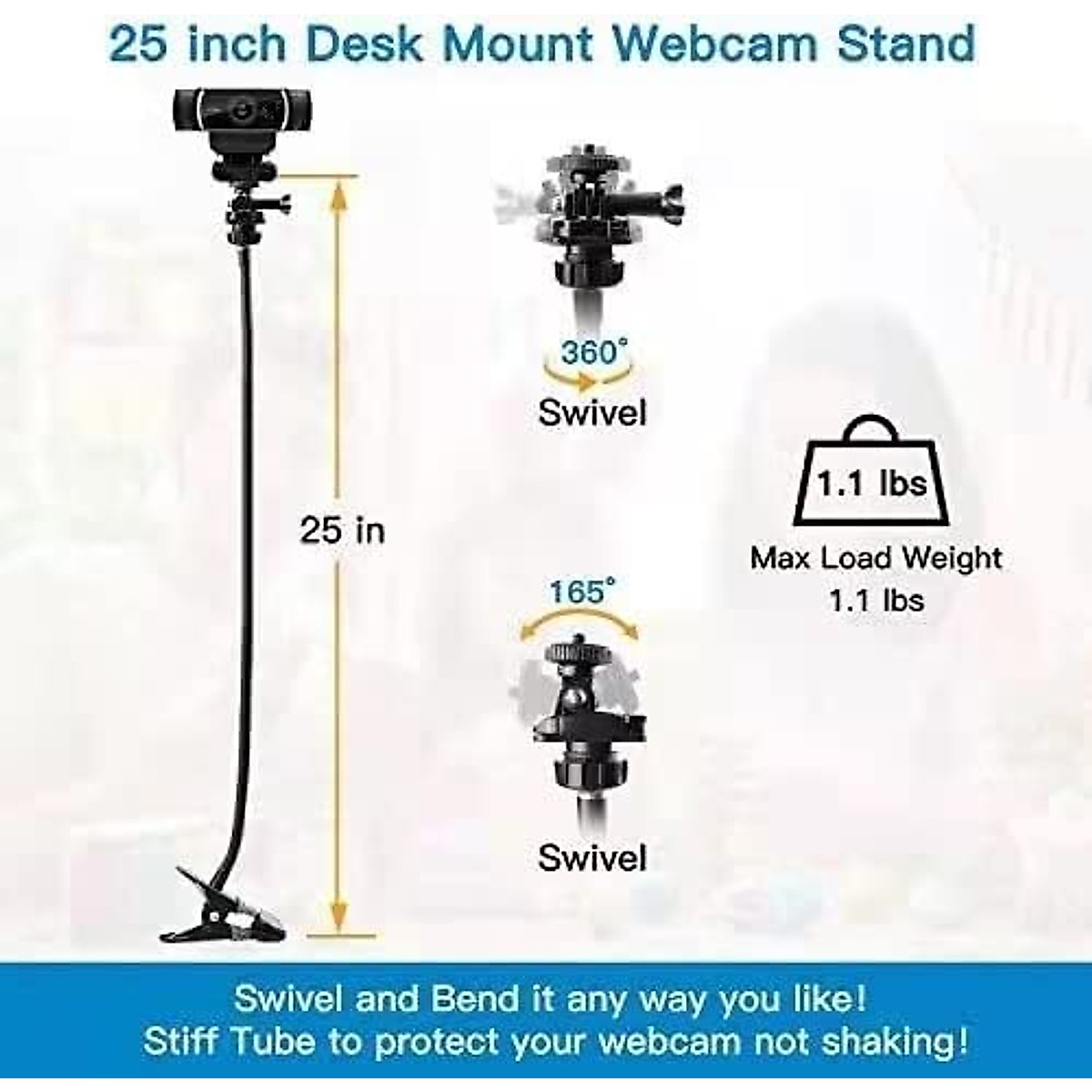 Pipishell Webcam Mount - Flexible Desk Stand Clamp Gooseneck Stand for Logitech Webcam C930e,C930,C920, C922x,C922, Brio 4K, C925e,C615