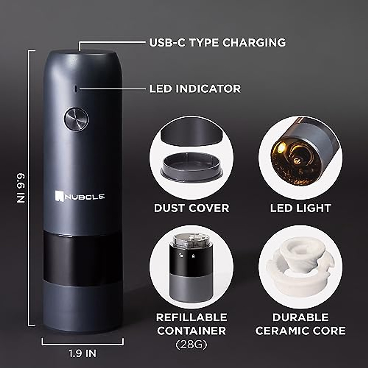 Electric Pepper Grinder Mill - Automatic Quick USB Rechargeable Pepper Grinder with Adjustable Coarseness, One Handed Operated Salt and Pepper Grinder for Kitchen,Restaurant, and BBQ Black