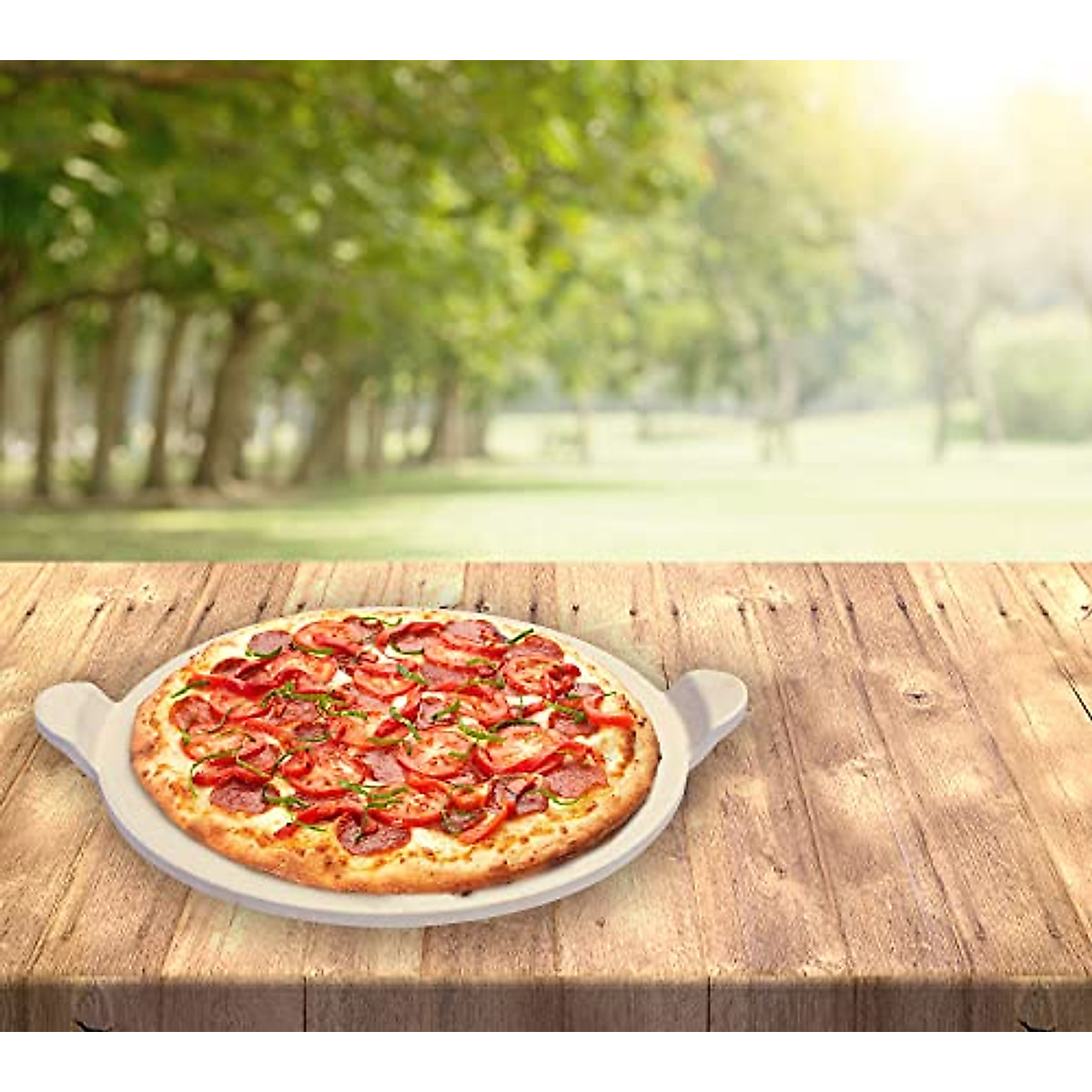 Baking Pizza Stone with handles for Grill, Oven & BBQ15” Durable, Certified Safe, for Ovens & Grills. Bonus Silicone Mitt.