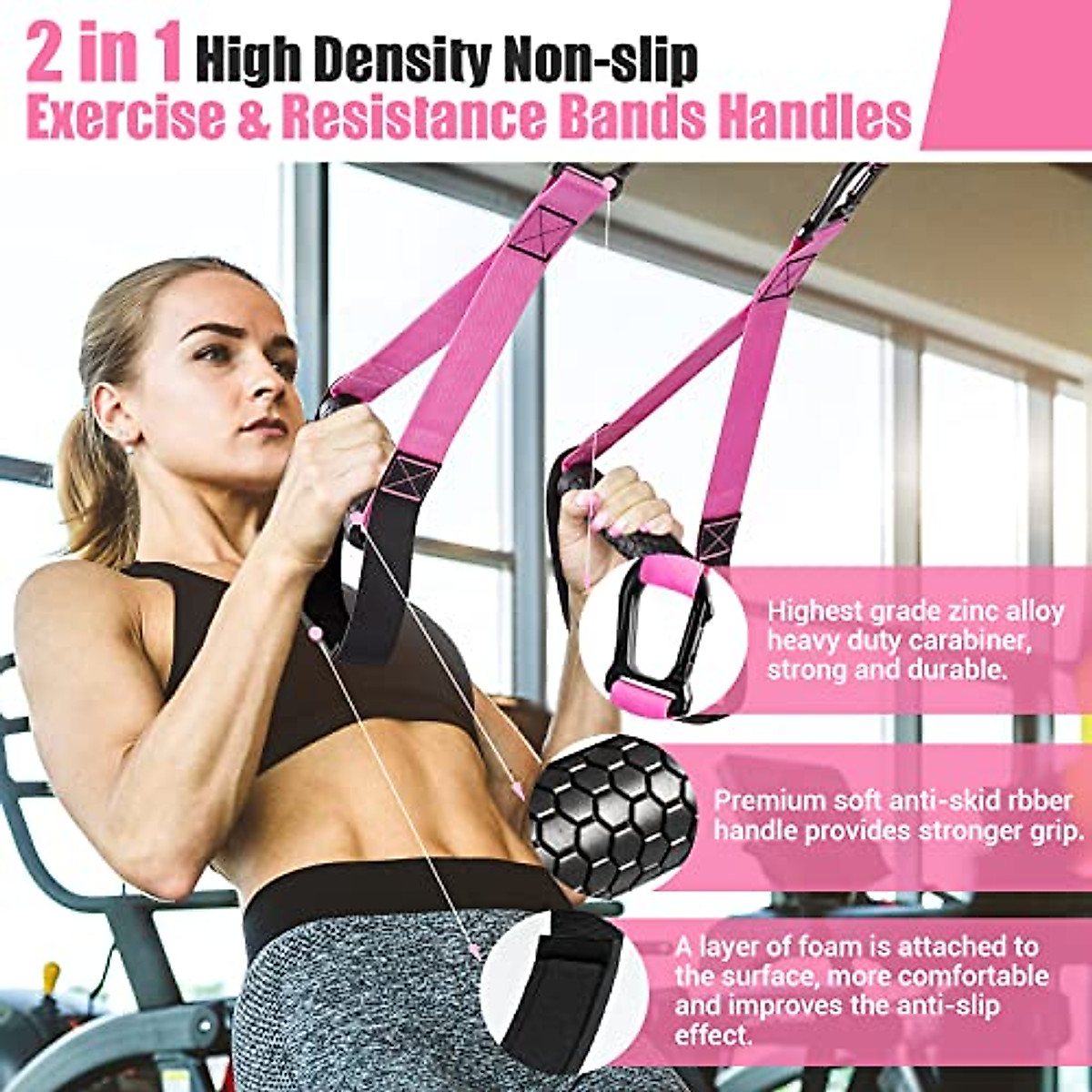 Home Resistance Training Kit, Pink Resistance Trainer Exercise Straps with Handles, Door Anchor and Carrying Bag for Home Gym, Bodyweight Resistance Workout Straps for Indoor & Outdoor