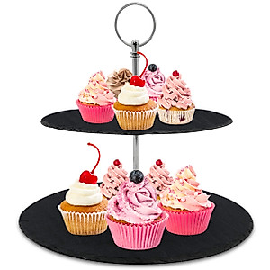 NutriChef Two Tier Slate Cake Stand-Round Multi Level Tray Serving Plate,Cupcake Holder Display,Dessert Tower,Fruit Platter w/Stainless Steel Rods and Handle,for Wedding,Birthday