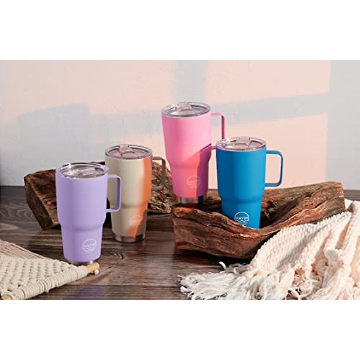 Mayim Large Travel Coffee Mug Tumbler with Clear Slide Lid and Handle, Reusable Vacuum Insulated Double-Wall Stainless-Steel Thermos, Fits in Cup Holder, 30oz., Neon Yellow