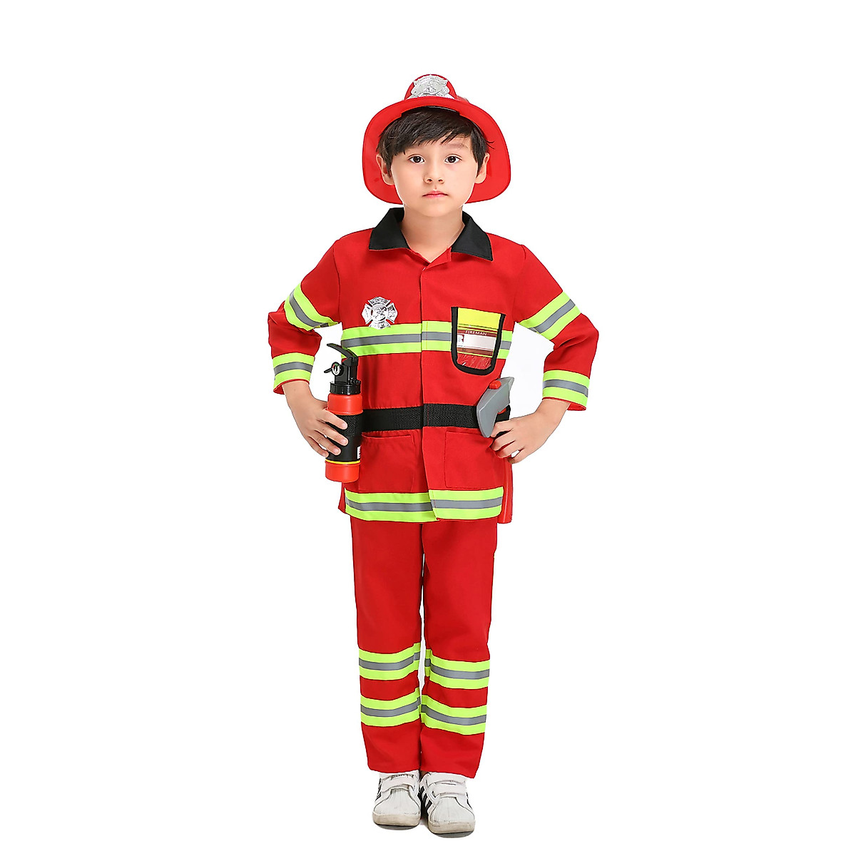 yolsun Fireman Costume for Kids, Boys' and Girls' Firefighter Dress up, Fire Fighter with Toy Accessories Set Halloween Role Play(Red,4-5 Years)