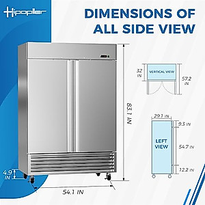 HIPOPLLER 54" W Double 2 Door Commercial Refrigerators, Stainless Steel Reach-in Commercial Fridge Cooler 49 Cu. Ft with 8 Shelves and LED Light, 115v for Commercial Kitchen, Restuarant, Bar, Shop