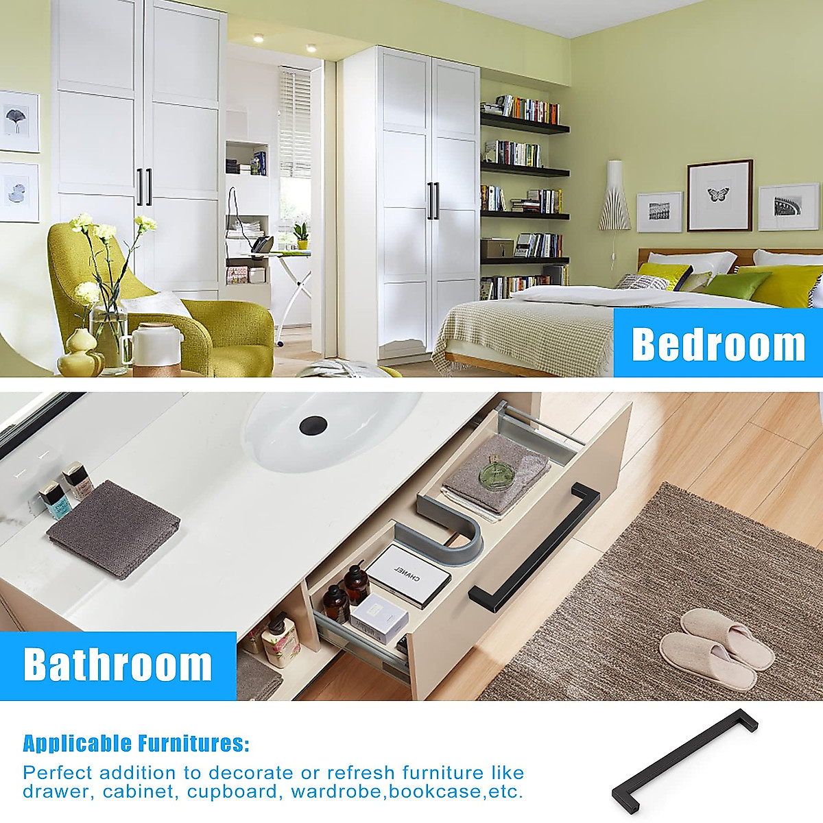 KNOBWELL 30 Pack 7-9/16" Black Cabinet Pulls, Modern Dresser Drawer Handles Matte Black, 8" Overall Length Kitchen Cupboard Handles