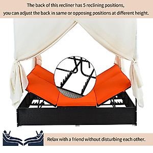 N NAANSI Patio Chaise Lounge, PE Rattan Outdoor Patio Wicker Sunbed Daybed with Adjustable Seats, Four-sided Canopy, Overhead Curtain and Cushions for Backyard, Garden, Poolside, Orange+Black Rattan