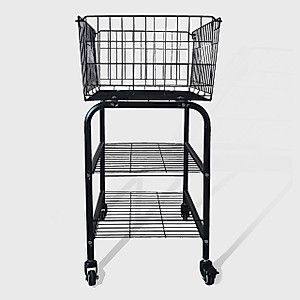 HENNZE Rolling Laundry Basket on Wheels,3 Tiers- Garment Storage Cart,Easy Moved Basket for Organizer,Black Metal Basket with Wheels, Garment Metal Rack for Clothes Wash and Dry Sort（Black