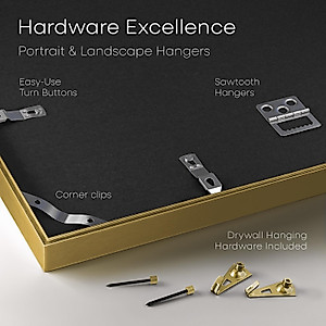 Homeforia 20x30 Poster Frame Gold, High End Metal 20 x 30 Picture Frames with Mat 16 by 24 Photo, 20x30 Gold Frame Matted to 16x24 Print, 30x20 Large Hanging Frames, Tempered Glass, Wall Kit, Set of 1