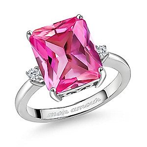 Gem Stone King 925 Sterling Silver Customized and Personalized Emerald Cut and Round Gemstone Birthstone 3-Stone Name Engraved Ring For Women (Size 7)
