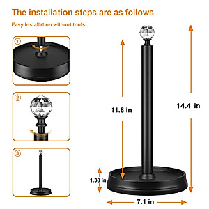 KASUNTO Paper Towel Holder (with Crystal Head) Steel Paper Towel Holder countertop，Black Paper Towel Holder for Kitchen Countertops, Bars & Dining Tables,Fits Standard & Jumbo Rolls,Matte Black