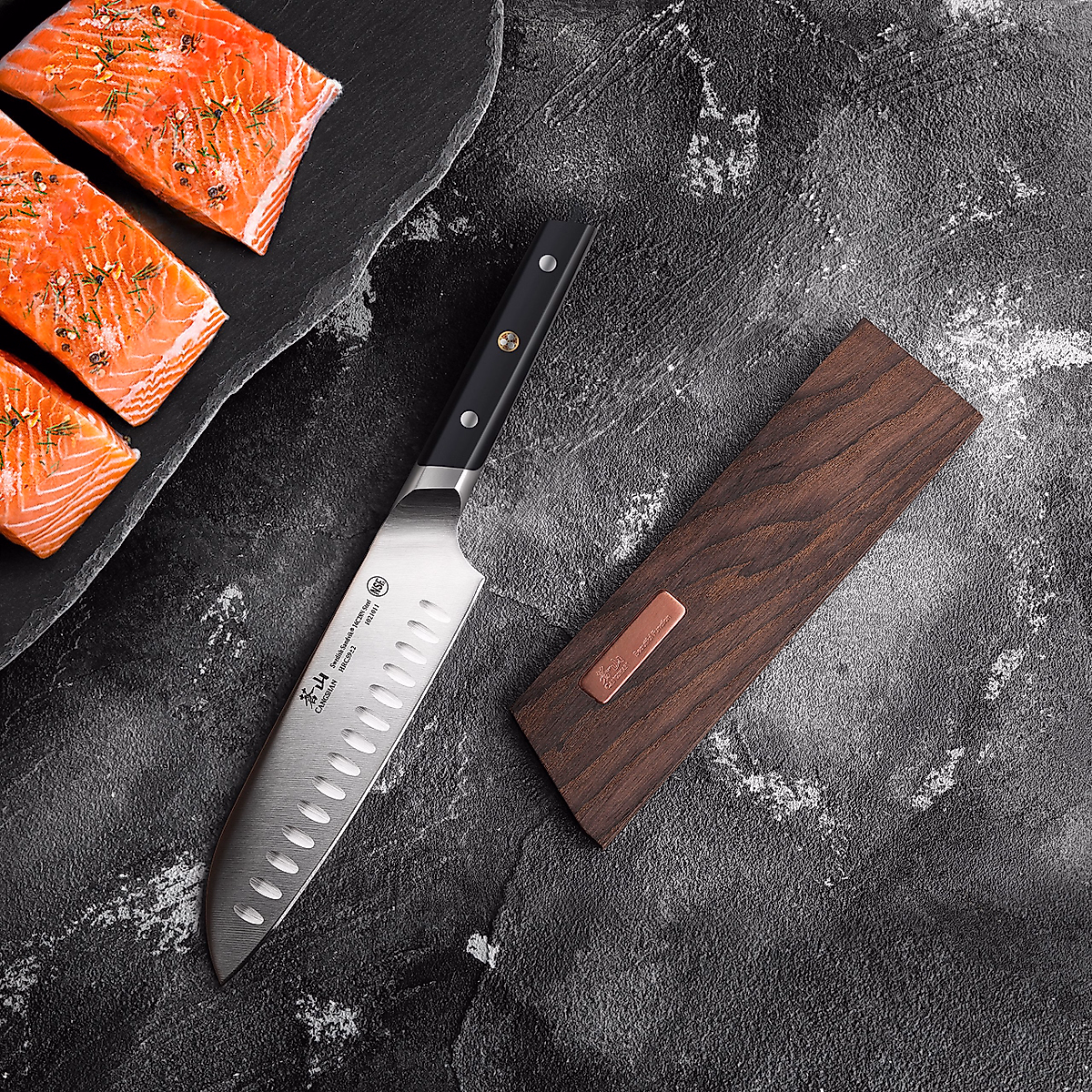 Cangshan TC Series 1021028 Swedish 14C28N Steel Forged 7-Inch Santoku Knife and Wood Sheath Set