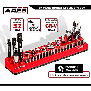 ARES 70751-34-Piece Socket Accessory Set - Includes Adapters, Universal Joints, Bit Holders, and Bits - Magnetic Organizer for Ideal Accessory Storage