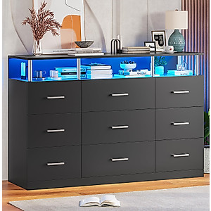 VIAGDO 9 Drawer Dresser with Charging Station, LED Chest of Drawers with Column Design and Open Storage Space, Large Capacity Modern Black Dresser, Wide Drawer Organizer Cabinet for Bedroom, Closet