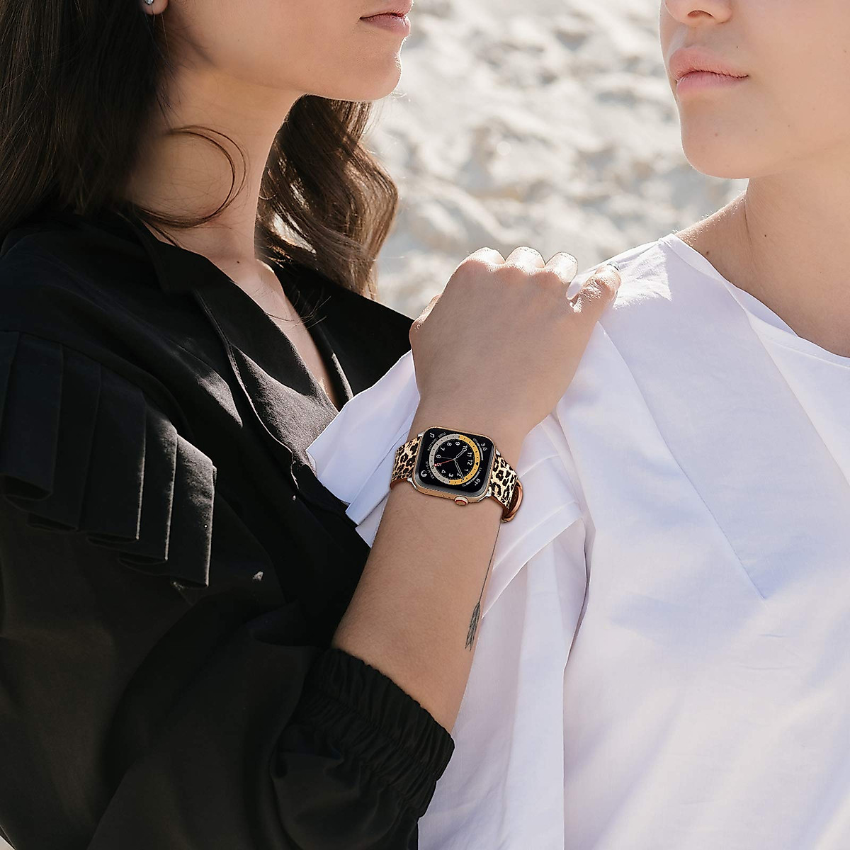 Fintie Bands Compatible with Apple Watch 49mm 46mm 45mm 44mm 42mm(Series 3 2 1) iWatch Ultra, SE Series 1-10, Genuine Leather Band Replacement Accessories Strap Wristband, Classic Leopard