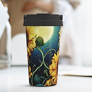 GTKSYNVE Reusable Coffee Mug with Lid and Handle, Moonlight Sunflower Pattern Tumbler for Hot & Cold Drinks 16oz Stainless Steel Insulated Coffee Tumblers Double Wall Vacuum Thermal Cup
