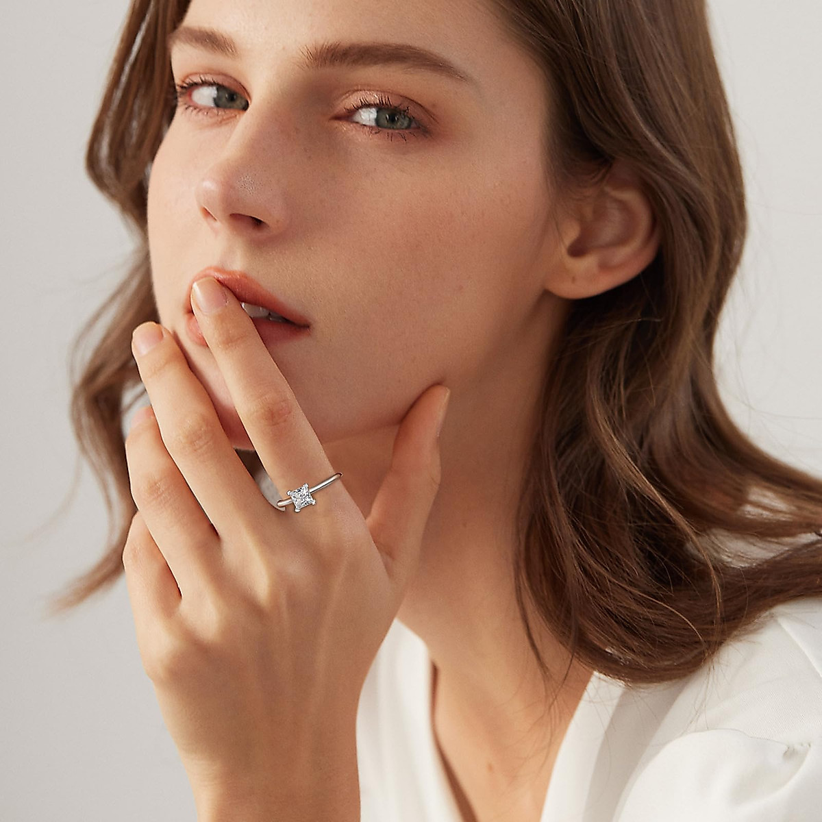 Ladylike Princess Cut Moissanite Engagement Ring for Women, 1ct Sterling Silver Solitaire Engagement Ring, 18K White Gold Plated D Color VVS1 Lab Created Diamond Rings, Size 7