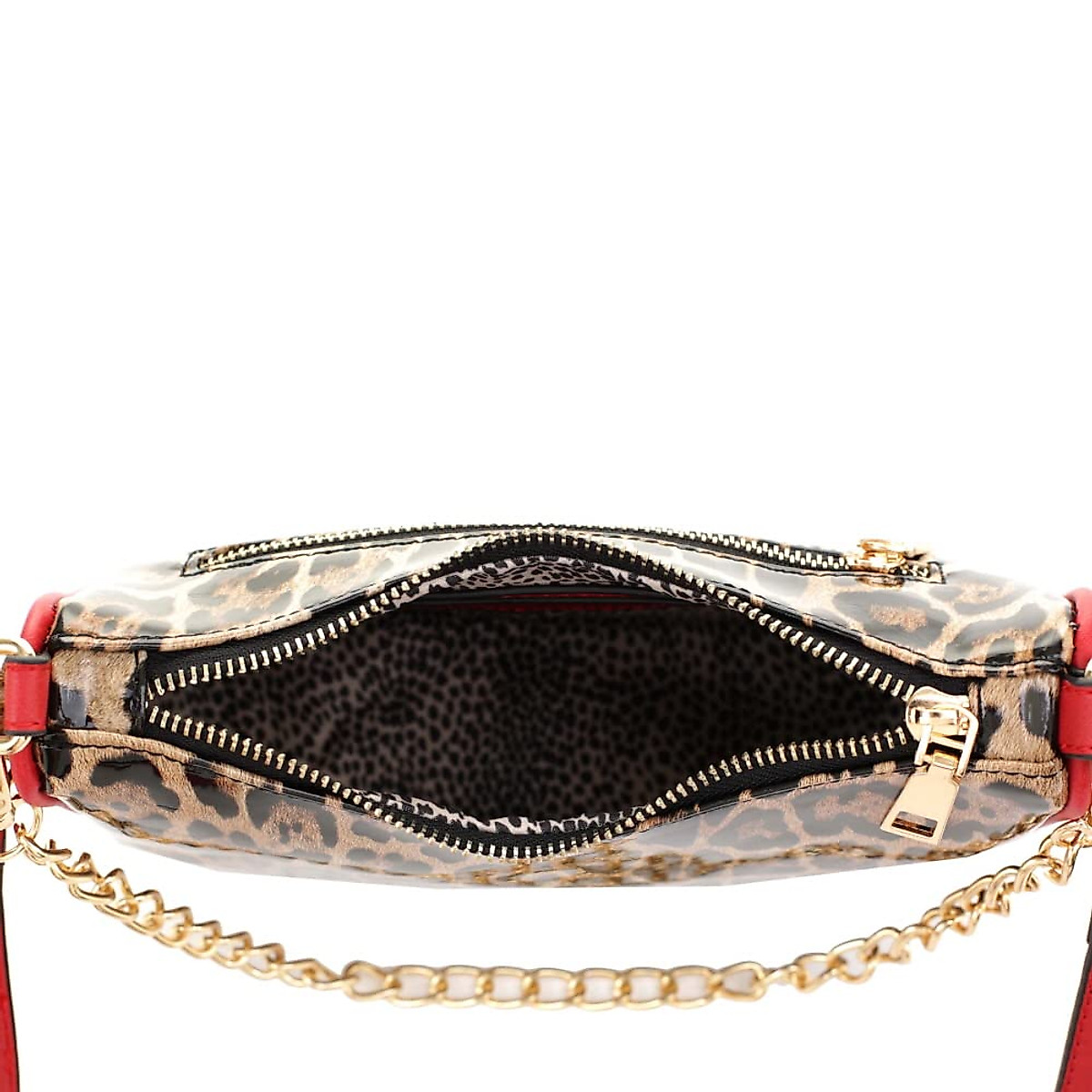 Patent Vegan Leather Womens Girls Leopard Print Retro Vintage Chain Shoulder Bag Crossbody Purse (Red)