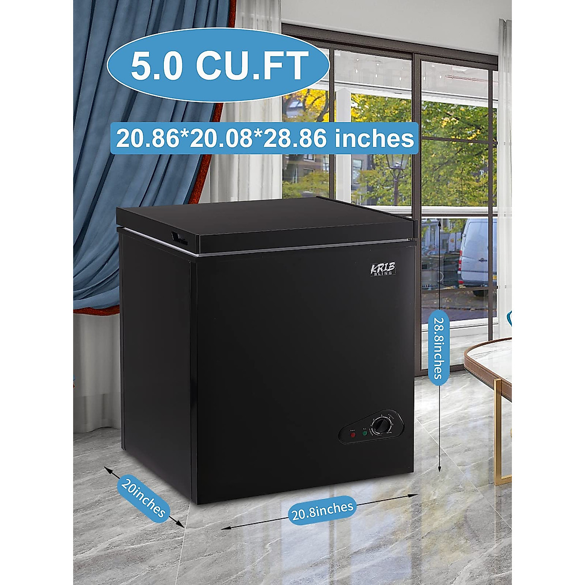Krib Bling 5.0 Cu.Ft Chest Freezer with 7 Gears Temperature Control(-16°F to -48°F), Deep Compact Freezer with a Removable Basket, for House, Kitchen, Garage, Basement, Shop, Black