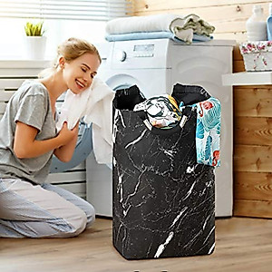 Kaariok White and Black Marble Art Print Laundry Hamper with Handles Waterproof Collapsible Storage Basket Large Dirty Clothes Sorter for Laundry Room, 22.7 Inches
