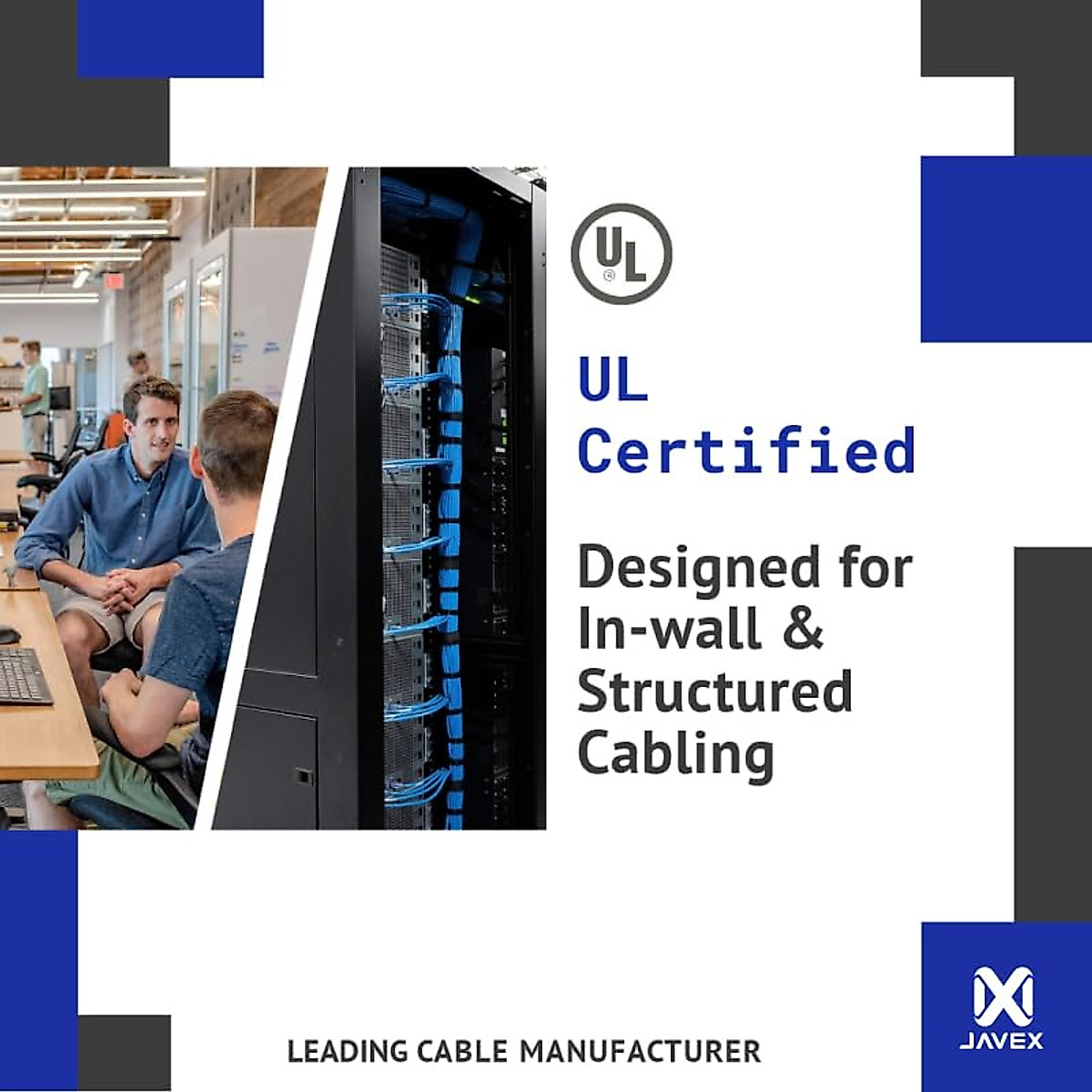 JAVEX 23AWG CAT6 UL Certified [1000 Feet] Solid Bare Copper 600MHz, PoE++ up to 100W, ETL Listed, TAA Compliant, UTP Ethernet Bulk Cable, Blue