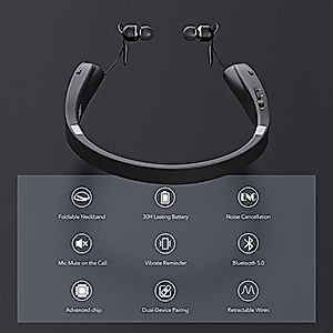 Neckband Bluetooth Headphones w/ 30hrs Playback, Wings Foldable Wireless Headset Retractable Earbuds, Around The Neck in Ear Earphones w/Noise Cancelling Microphones, Work from Home, Office, Commute