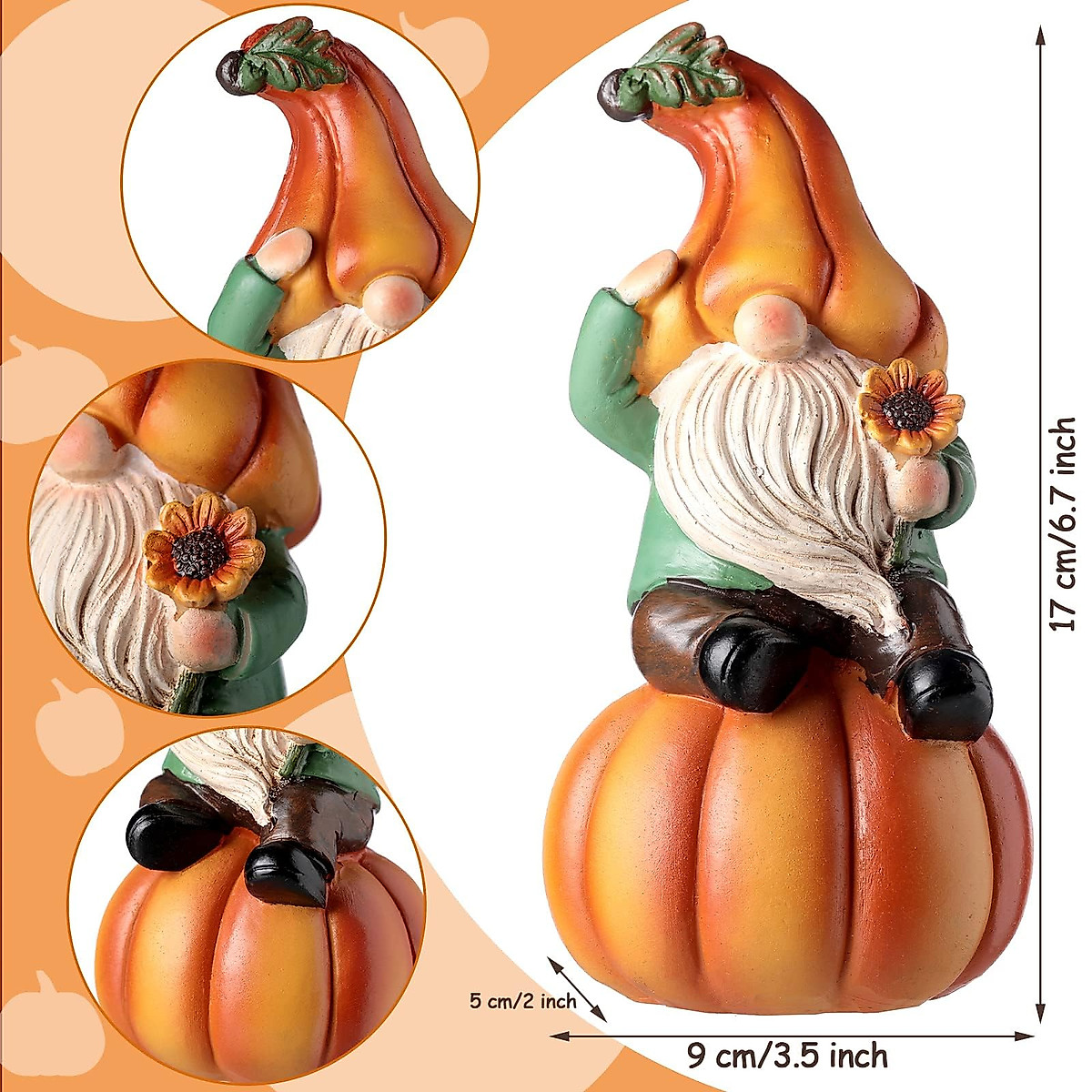 Jetec Fall Gnomes Statue Decor, Thanksgiving Gnome Pumpkin Gnome White Beard Gnome Statue Fall Pumpkin Fairy Statue Resin Pumpkin Decor Garden Yard Lawn Ornament Gift, 6.7 Inch Tall