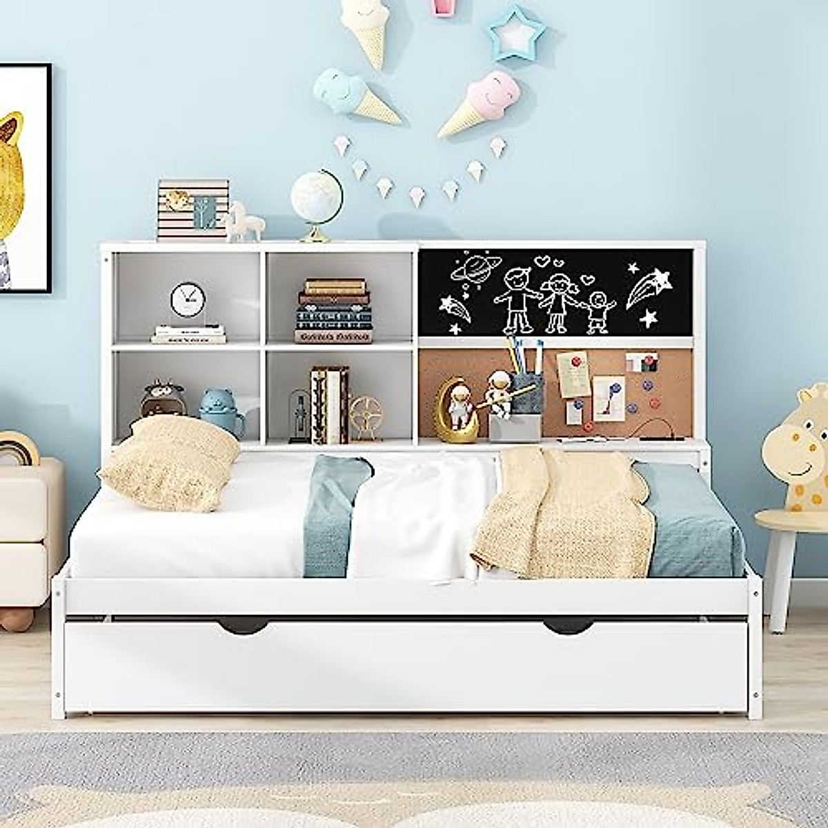 Harper & Bright Designs Full Size Daybed Twin Size Trundle,USB Ports and Storage Shelves,Wood Full Size Bed Frame Blackboard,Cork board and Bookshelf,Full Sofa Bed Living Room Bedrooms,White