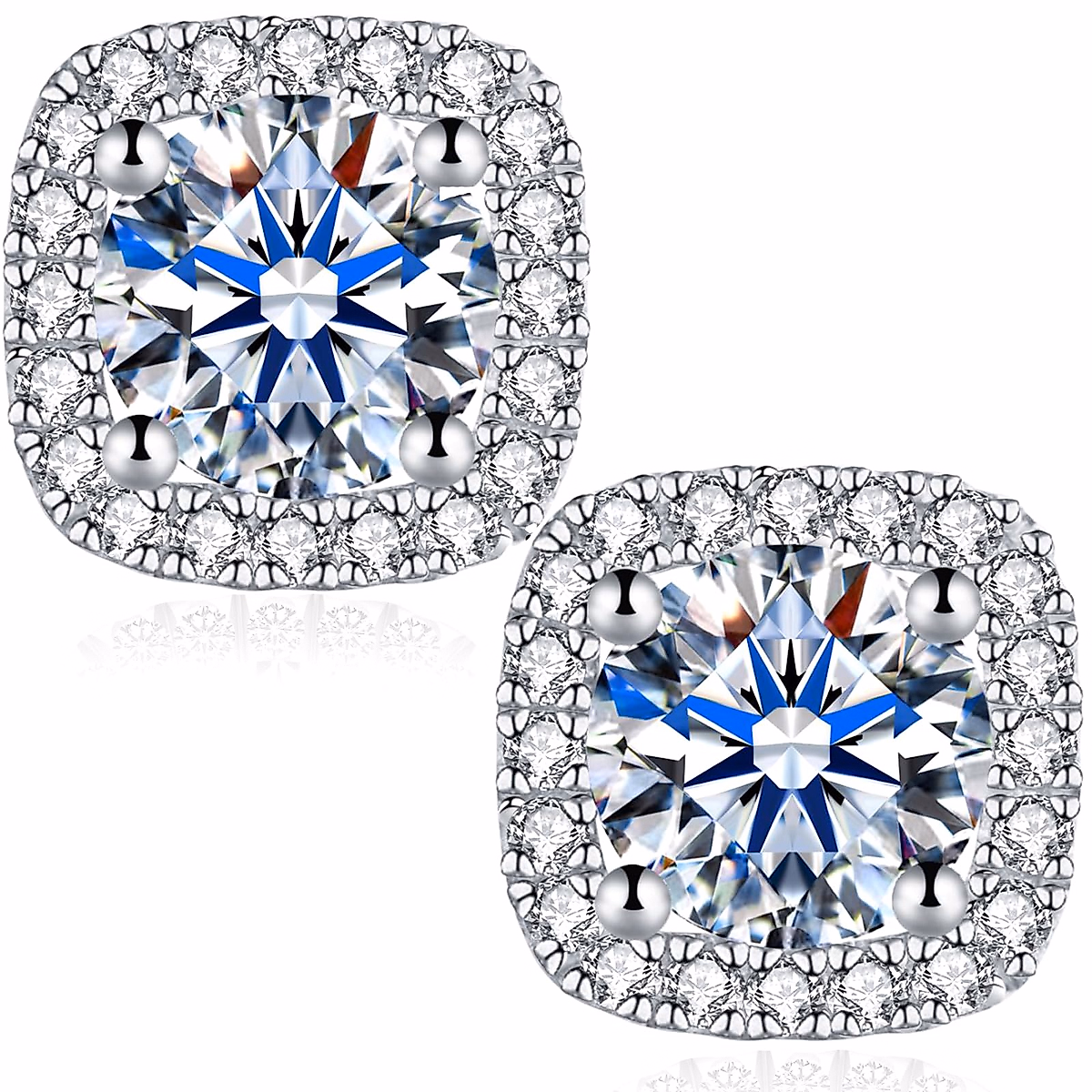 Tunzug Moissanite Halo Earrings Square 0. 5-3 Carat 925 Sterling Silver Plated 18K Gold Plated Friction Flat D Color VVS1 Clear Earrings for Men Women