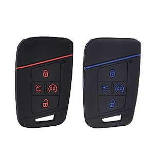 LemSa 2Pcs 4 Buttons Rubber Smart Key Fob Cover Case Shell Remote Keyless Protector Bag Holder for 2021 2020 2019 VW Volkswagen Tiguan Atlas Jetta Passat Golf Alltrack Push Start, Red Blue Buttons