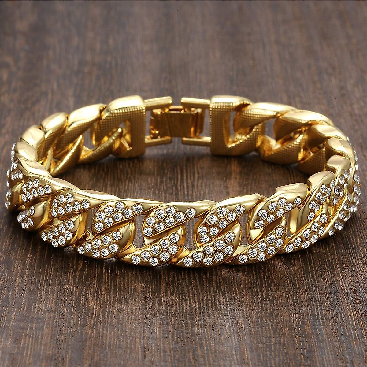 Aiyo Nice Mens Womens Cuban Link Bracelet Hip Hop Bracelet Gold Chain Bracelet Iced Out Curb Cuban 18k Gold Plated Bracelet With Clear Rhinestones (A-Gold-7.79in)