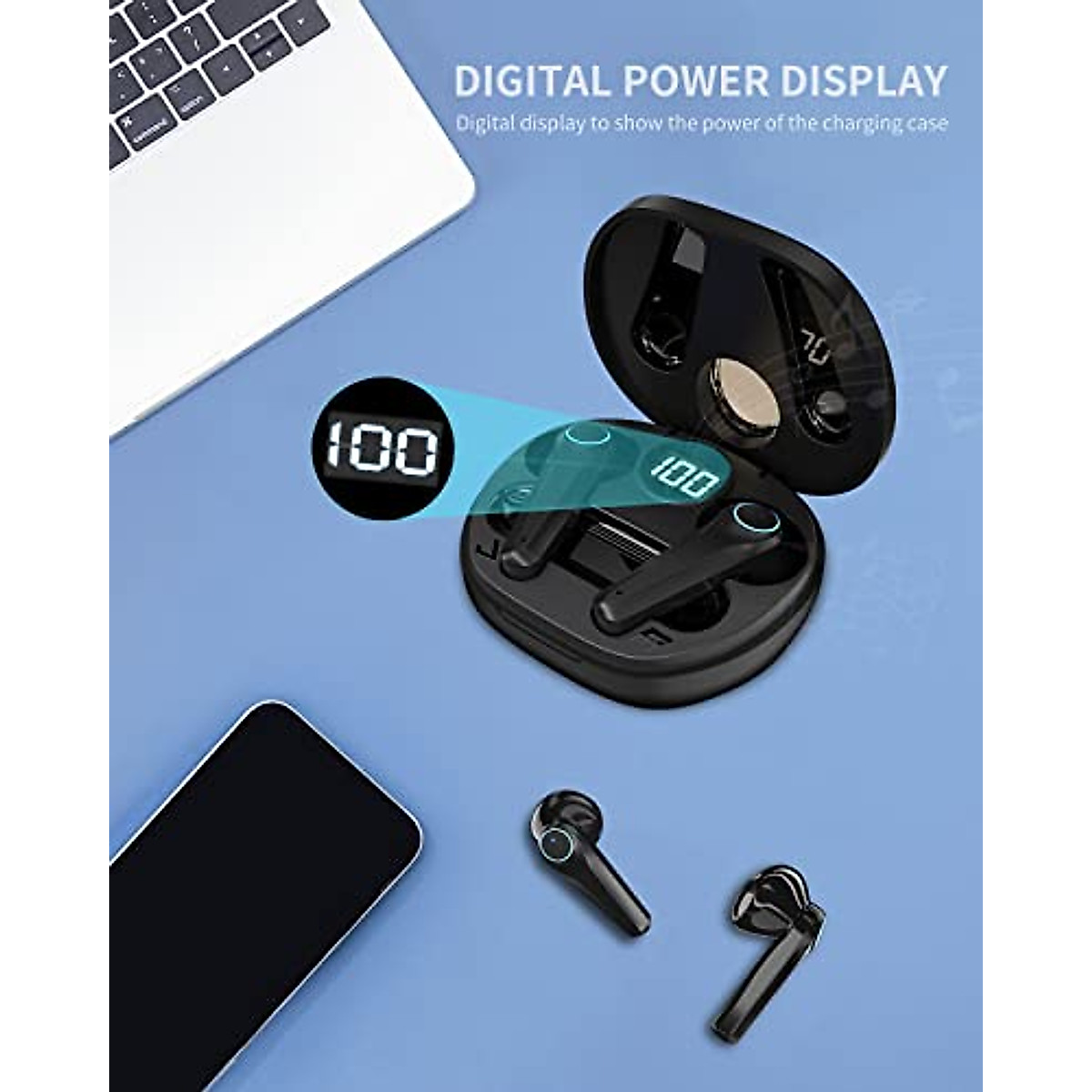 JOYHOOSH Wireless Bluetooth Earbuds, Bluetooth 5.2 Wireless Ear Buds with Charging Case Stereo Sound Earphones Wireless Headphones with Microphone 35H Playtime & Power Display IPX6 Waterproof (Black)