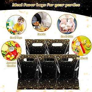Pasimy 50 Pcs Black and Gold Party Favor Gift Bags Die Cut Plastic Treat Goodie Merchandise with Handle for Birthday Party Wedding Bridal Baby Shower Christmas New Year Gift Supplies
