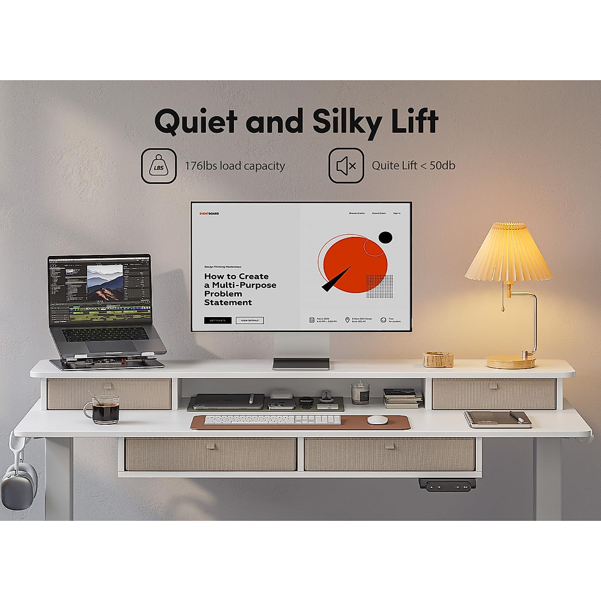 BANTI Height Adjustable Electric Standing Desk with 4 Drawers, 48 x 24 Inch Table with Storage Shelf, Sit Stand Desk, White Top