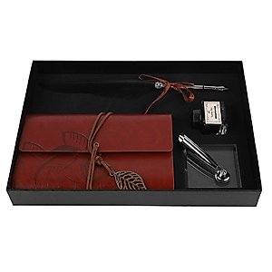 Zopsc Retro Leather Notebook with Fountain Pen with Pen Ink, Dip Pen Set Calligraphy Pen Notebook,Leather Notebook Quill Pen for Gift (red) (black)