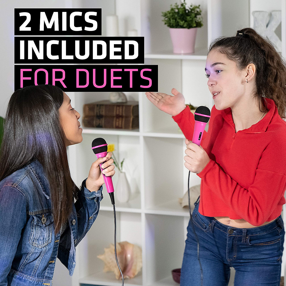 Singsation Star Burst Portable Karaoke Machine, Bluetooth, Room-Filling Light Show with 10 Light Functions, 6 Amazing Sound Effects, 2 Microphones Included for Duets, Pink