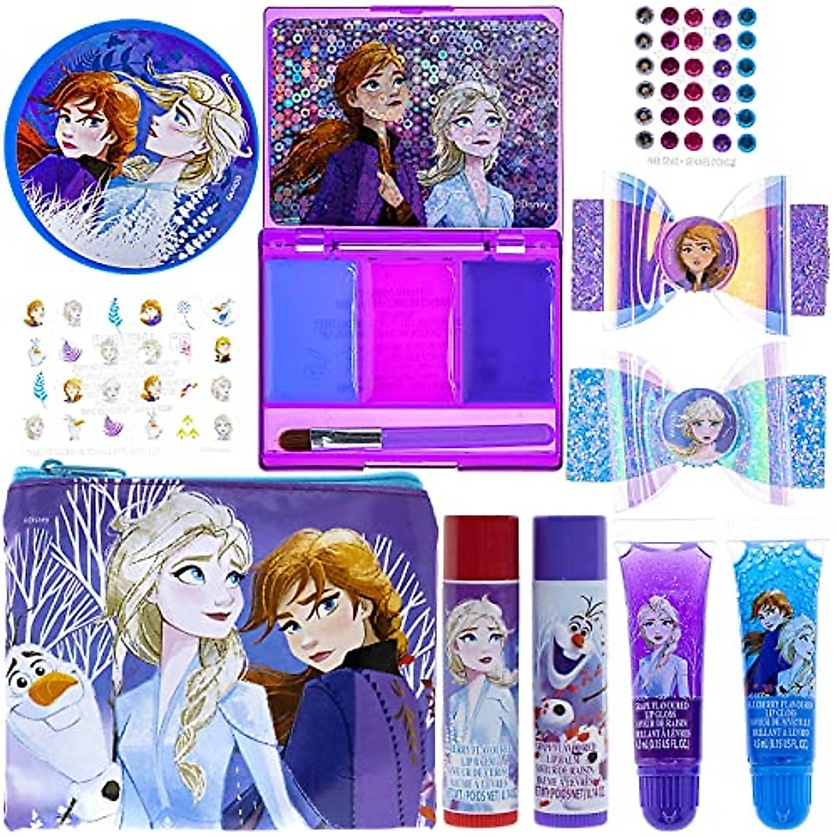 Disney Frozen - Townley Girl Super Sparkly Cosmetic Beauty Makeup Set For Girls with Clips, Press On Nail, Lip Gloss, Nail Stickers, Lip Balm, Nail Gems and Mirror For Parties, Sleepovers & Makeovers
