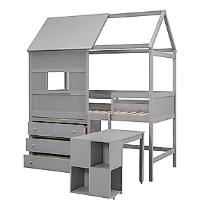 Twin Size House Loft Bed with Storage Desk and 3 Drawer Chest, Wood Loft Bed with Safety Guard Rails, Multi-Functional Loft Bed for Kids Boys Girls Teens Bedroom, Maximize Space Savings (Gray 014)