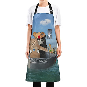 RunningBear Cat Titanic Bib Apron Waterproof Funny Apron for Restaurant, Salon, Cafe, Kitchen with Adjustable Straps Large Pocket for Women Men Chef
