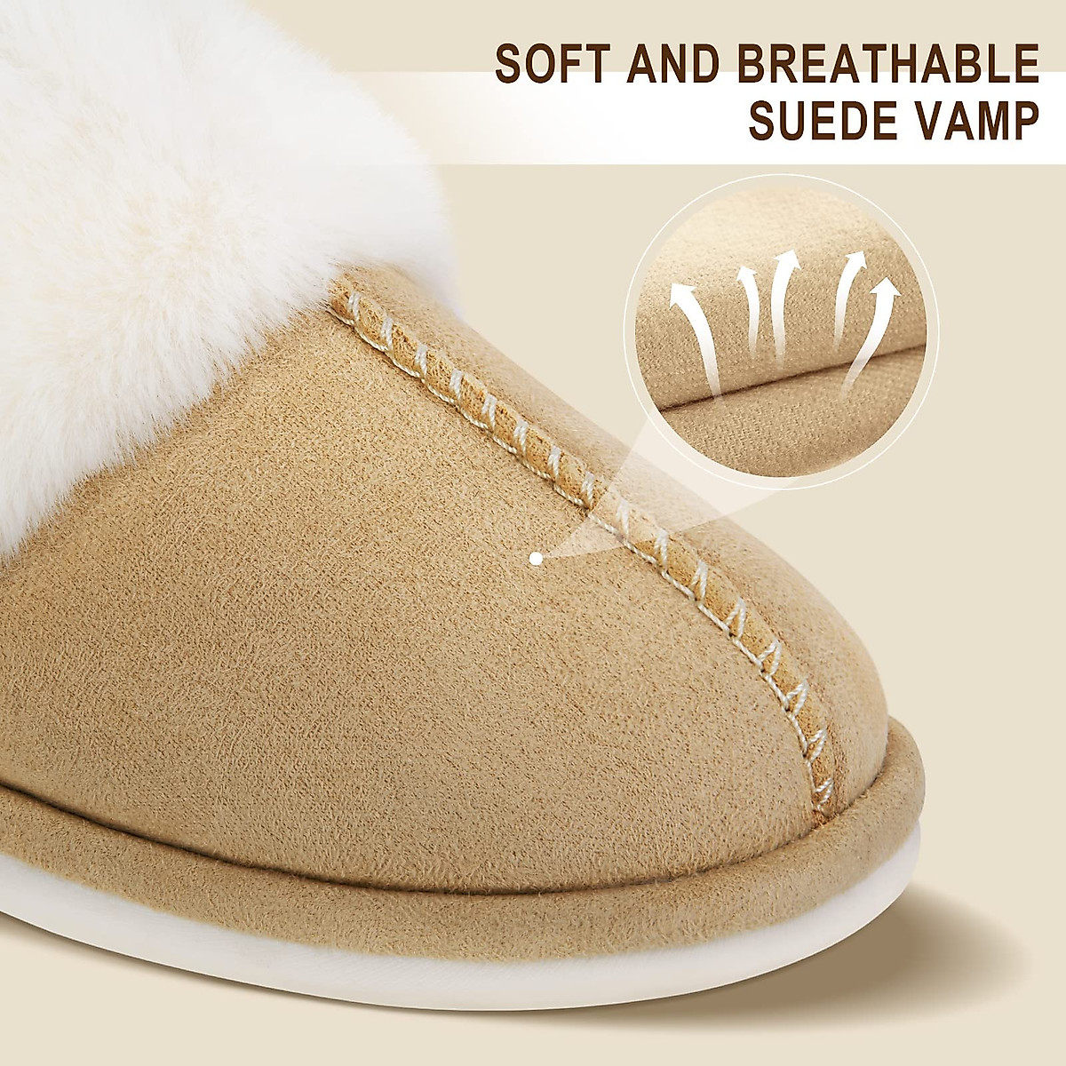 Parlovable Women's Slippers Fuzzy Warm Comfy Faux Fur Slip-on Fluffy Bedroom House Shoes Memory Foam Suede Cozy Plush Breathable Anti-Slip Indoor & Outdoor Winter Beige 7-8