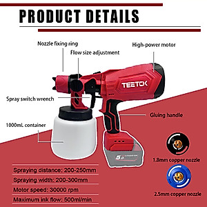 Cordless Paint Sprayer for Milwaukee 18V Battery, TEETOK HVLP Paint Sprayer with 2 Nozzles & 3 Patterns, for Painting Walls, Furniture, Gardens, Fences (Battery not Included)