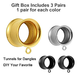 LADEMAYH 3 Pairs DIY Tunnels Plugs Gauges for Ears Piercing Jewelry, Women Mens Stainless Steel Ear Dangle Gauges Accessories Mixed Color 08mm=0g