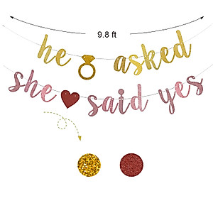 He Asked She Said Yes Banner, Gold Bride to Be Decorations,Gold Glitter Bunting Sign for Engagement Bridal Shower Wedding Party