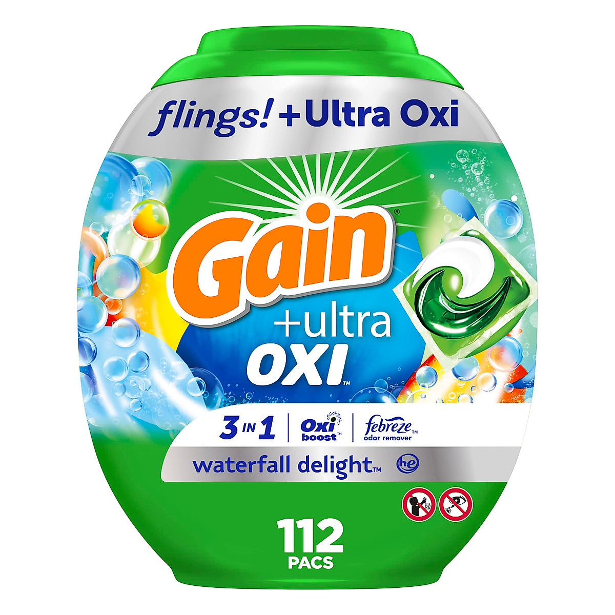 Gain flings Ultra Oxi Laundry Detergent Pacs, 112 Count, Waterfall Delight Scent, 3-in-1, HE Compatible
