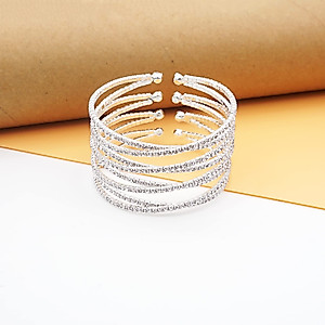 JSEA 4-Womens Rhinestones Cross Cuff Bracelet Open End Wide Bangle Silver tone