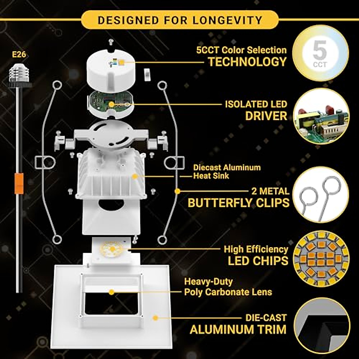 NUWATT 4 Pack, 5/6 Inch Retrofit LED Square Recessed Lighting, 5CCT 2700K/3000K/3500K/4000K/5000K Selectable, 1100 Lumens 14W, Dimmable 5/6" Square Downlight, 6in Square Can Light, Wet Rated, ETL, T24