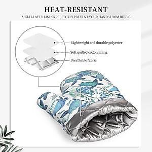 Custom Silicone Oven Mitts with Name Sea Turtle Coral Heat Resistant Non-Slip Cotton Lining Oven Gloves Set of 2 Comfort Safety Durable Kitchen Pot Holder for Barbecue Cooking Baking Grilling