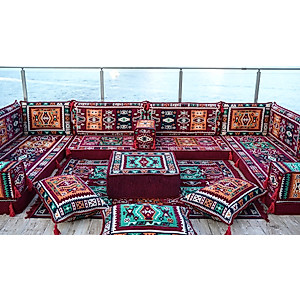 Premium U Shaped Arabic Sofa Set, Maroon Floor Cushions, Arabic Seating Floor Sofa, Backrests, Moroccan Sofas, Arabic Majlis (U Sofa Full Set)