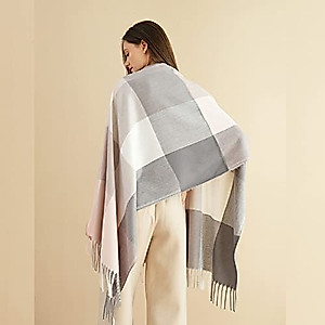 Sumato Scarf for Women Fall Winter Lightweight Shawl Wraps Long Blanket Women Scarves Warm Soft Cashmere Feel Plaid Pattern Tassel Grey