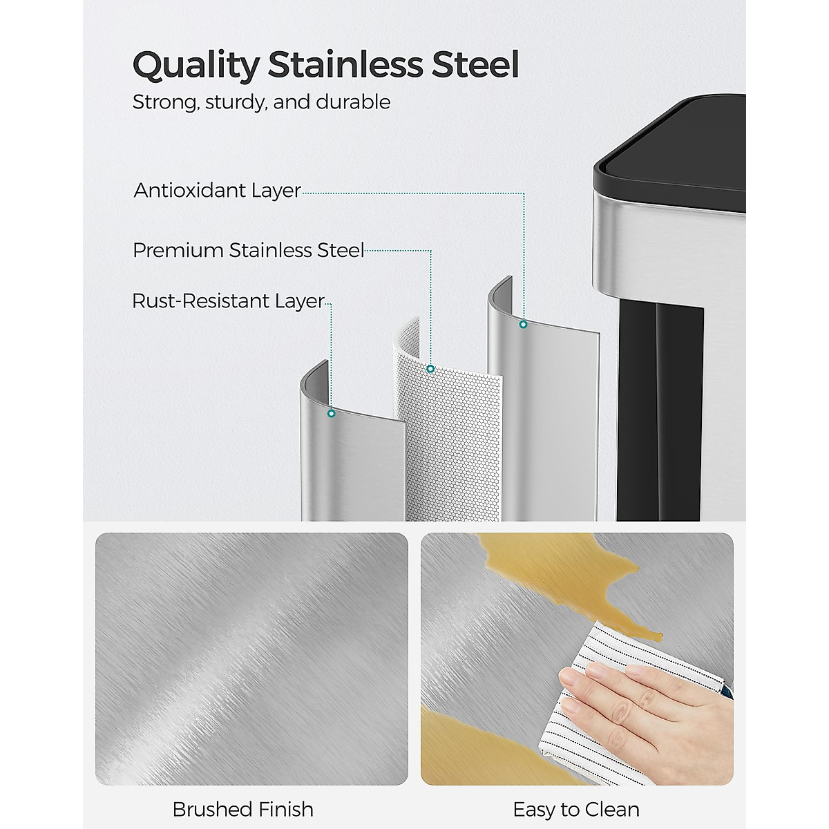 SONGMICS Hanging Trash Can, 2.1-Gallon (8 L) Small Kitchen Garbage Can with Lid, Cabinet Door Hanging or Wall-Mounted with Hooks, for Under Sink, Bathrooms, Metallic Silver ULTB810E08